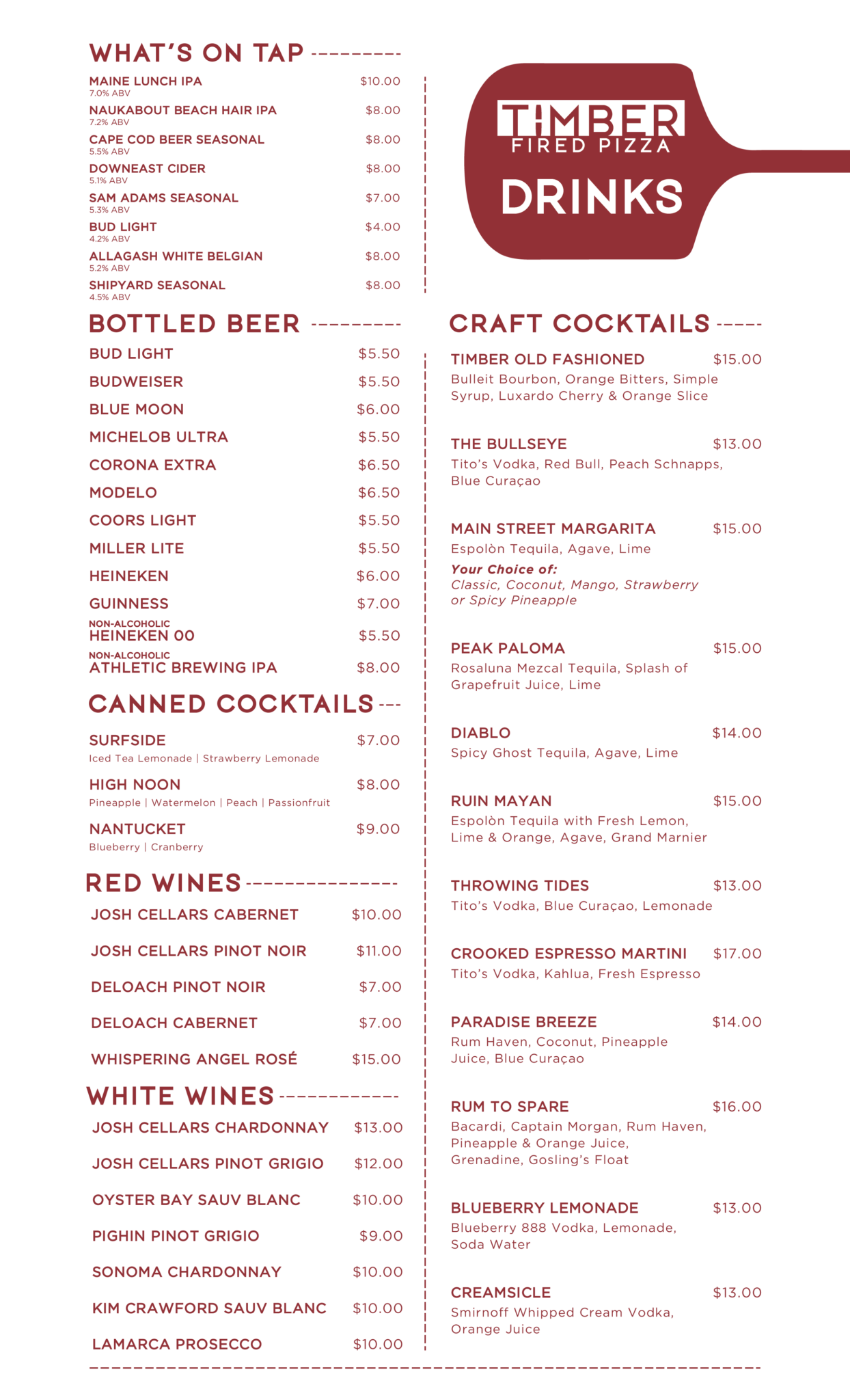 Menus - Timber Axe Bar & Bowl