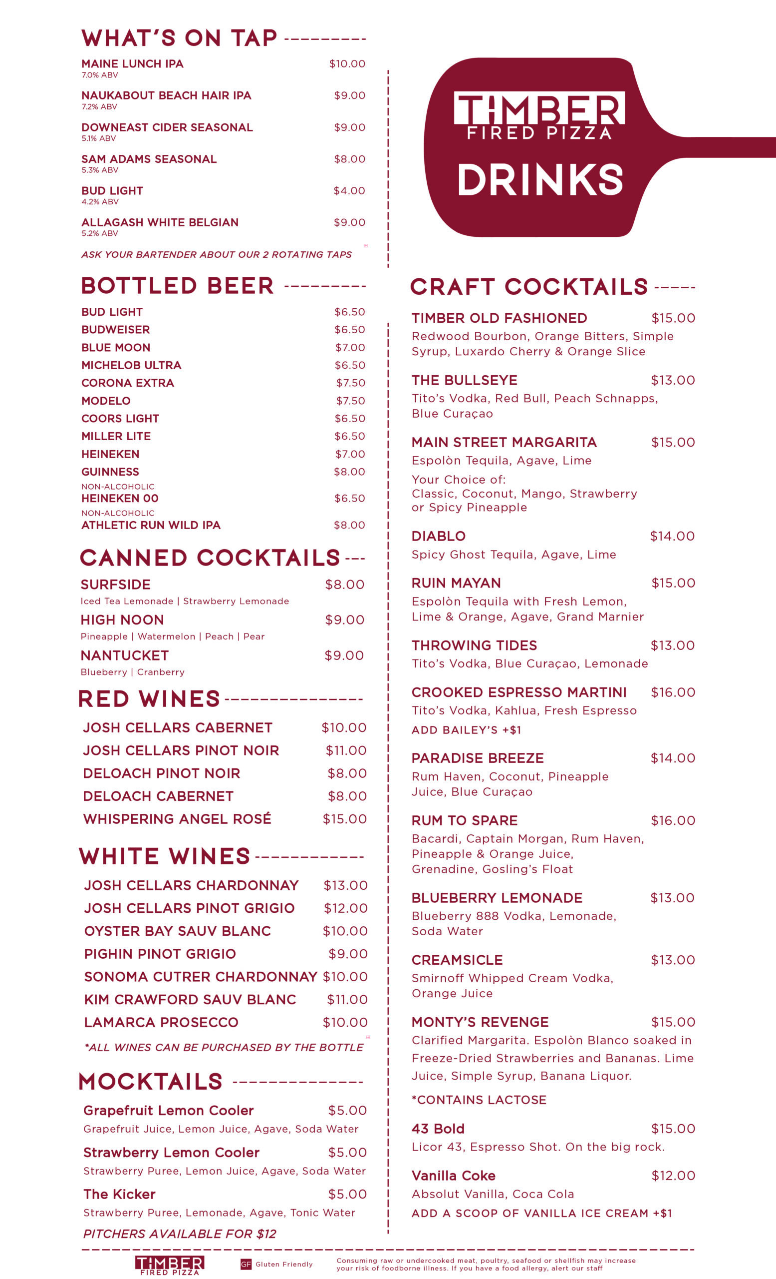 Menus - Timber Axe Bar & Bowl